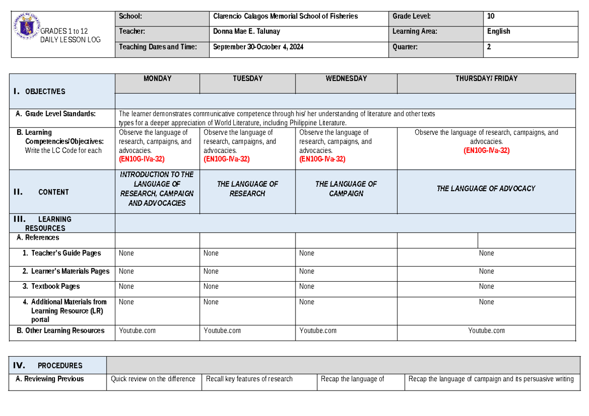 English 10 Q2 DLL: Weekly Overview on Research, Campaigns & Advocacy ...