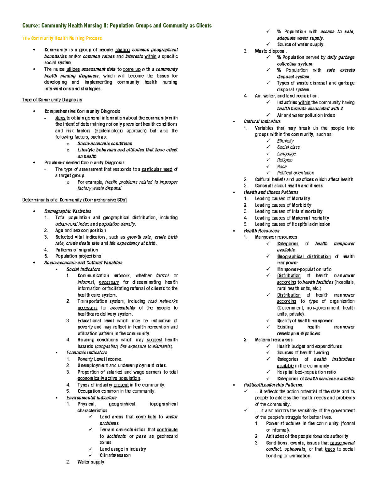 CHN II Community Health Nursing Process: Community Diagnosis Overview ...