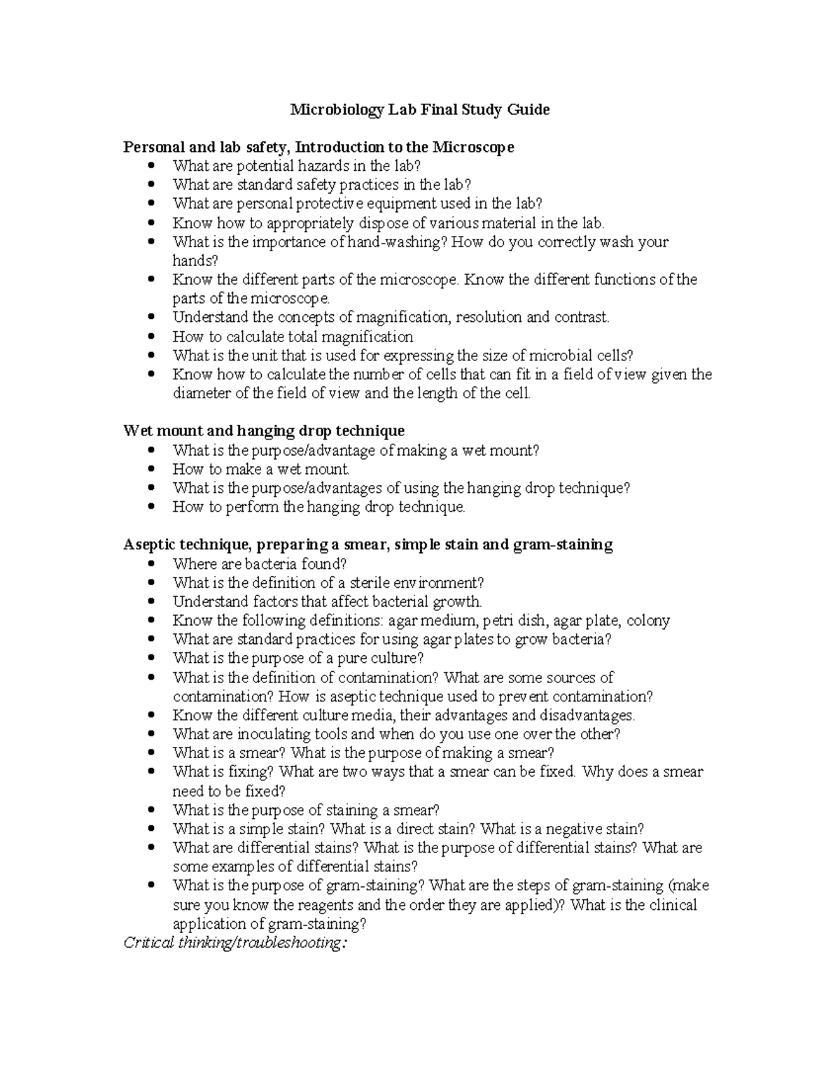 Microbiology Lab Final Exam Study Guide: Techniques and Applications ...