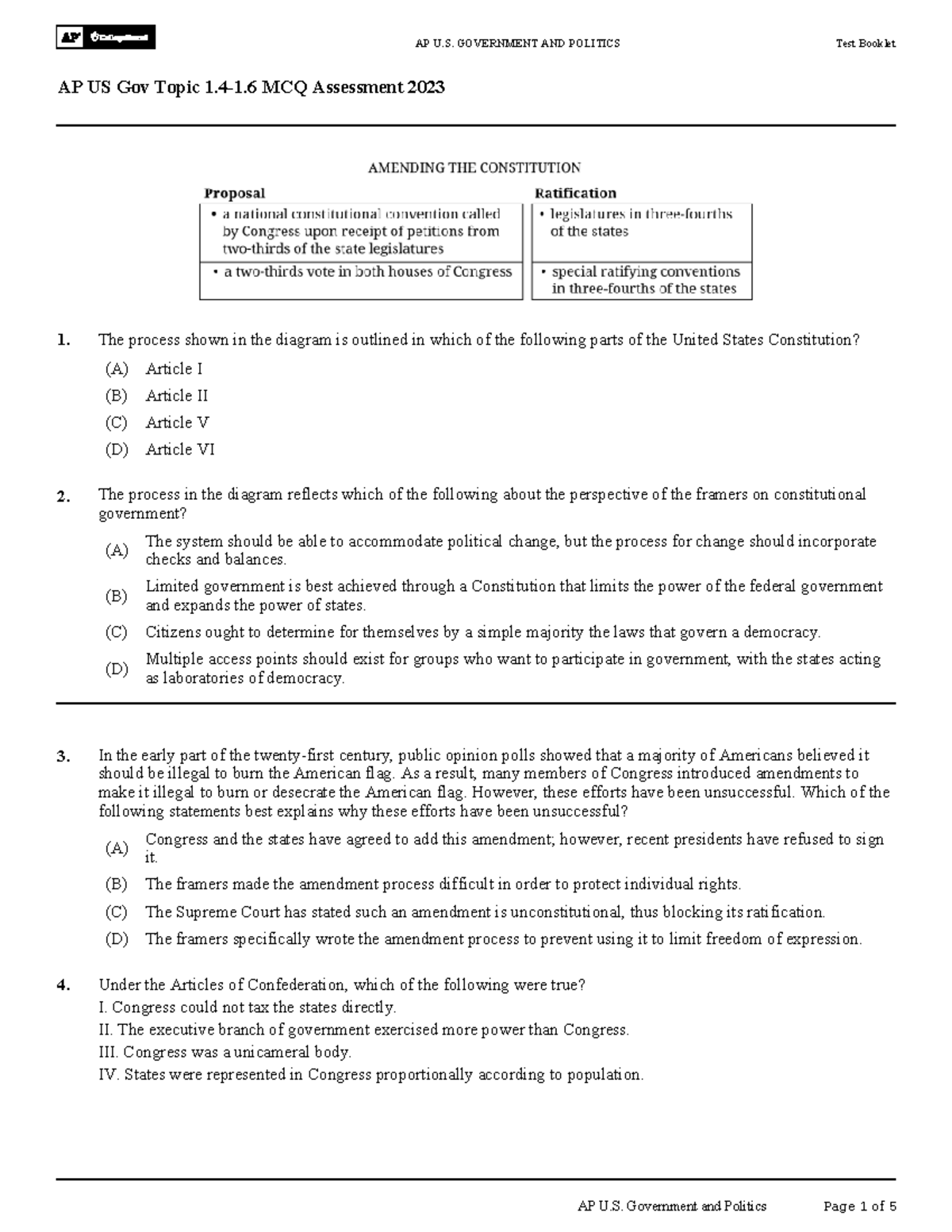 AP U.S. Gov Topic 1.4-1.6 MCQ Assessment 2023 Review Guide - Studocu