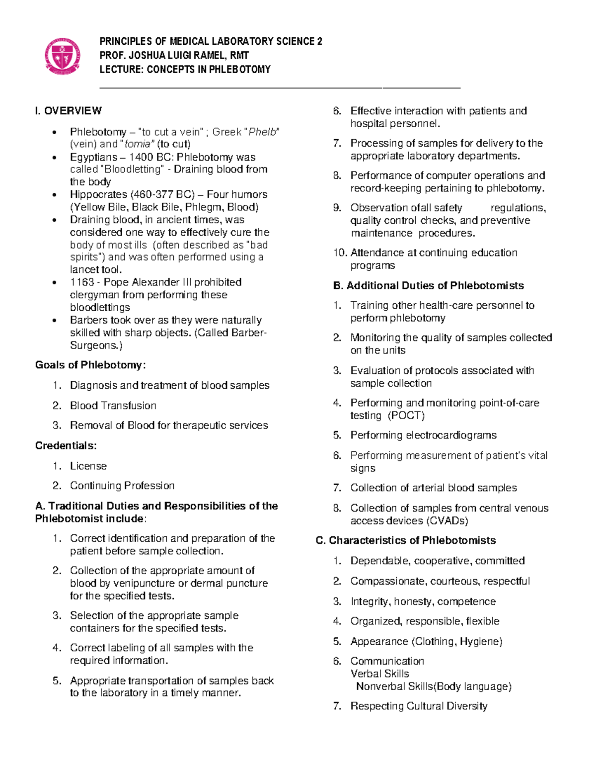 PHL 101: Key Concepts in Phlebotomy Lecture Notes - Studocu