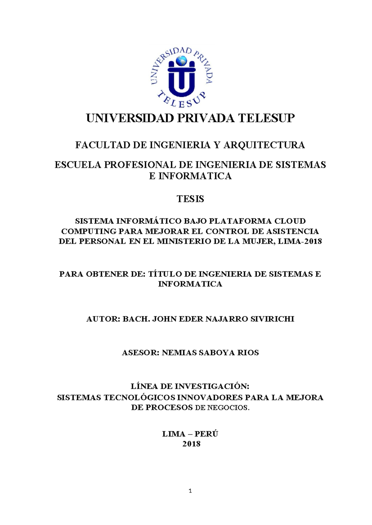 Tesis- JOHN EDER Najarro Sivirichi - V - UNIVERSIDAD PRIVADA TELESUP ...