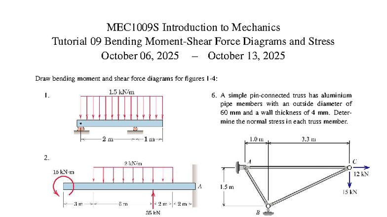 MEC1009S Tutorial 09: Bending Force Diagrams & Stress Analysis - Studocu