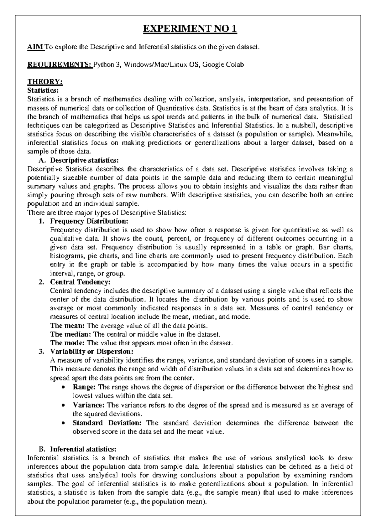 Statistics Experiment No. 1: Descriptive & Inferential Analysis in ...
