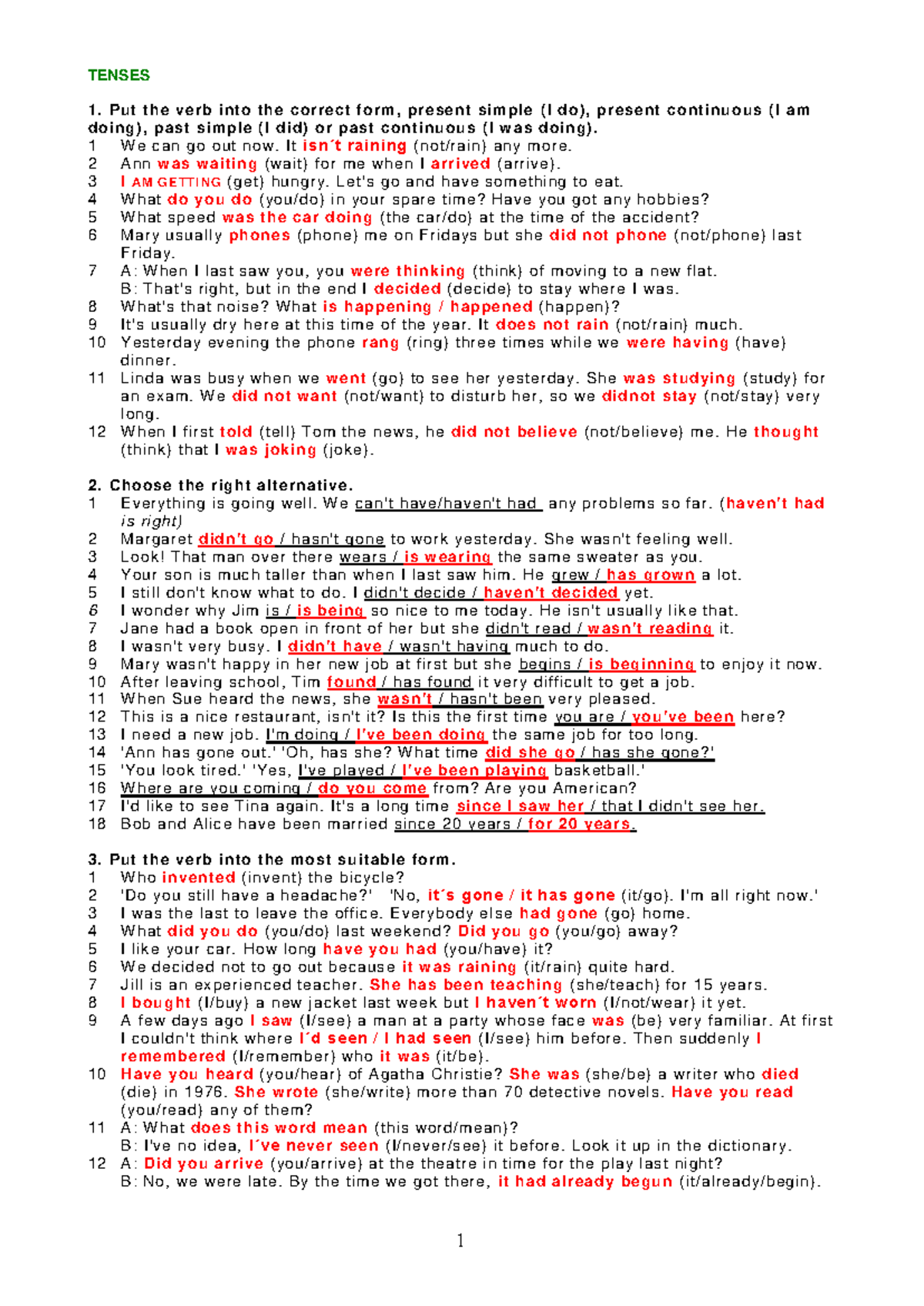 TENSES 1: Correct Verb Forms for English Grammar Practice - Studocu