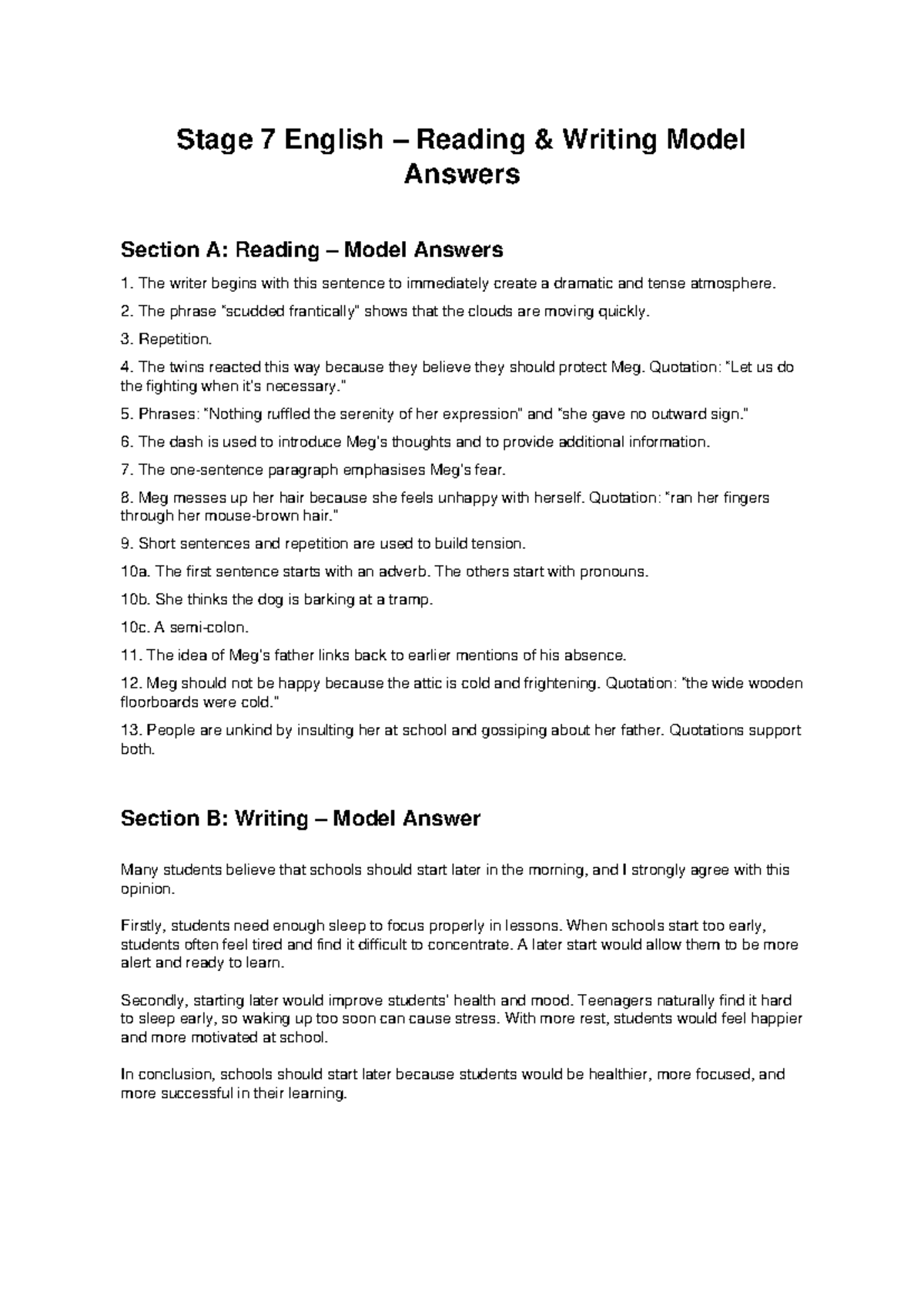Stage 7 English Reading & Writing Model Answers: Key Insights - Studocu