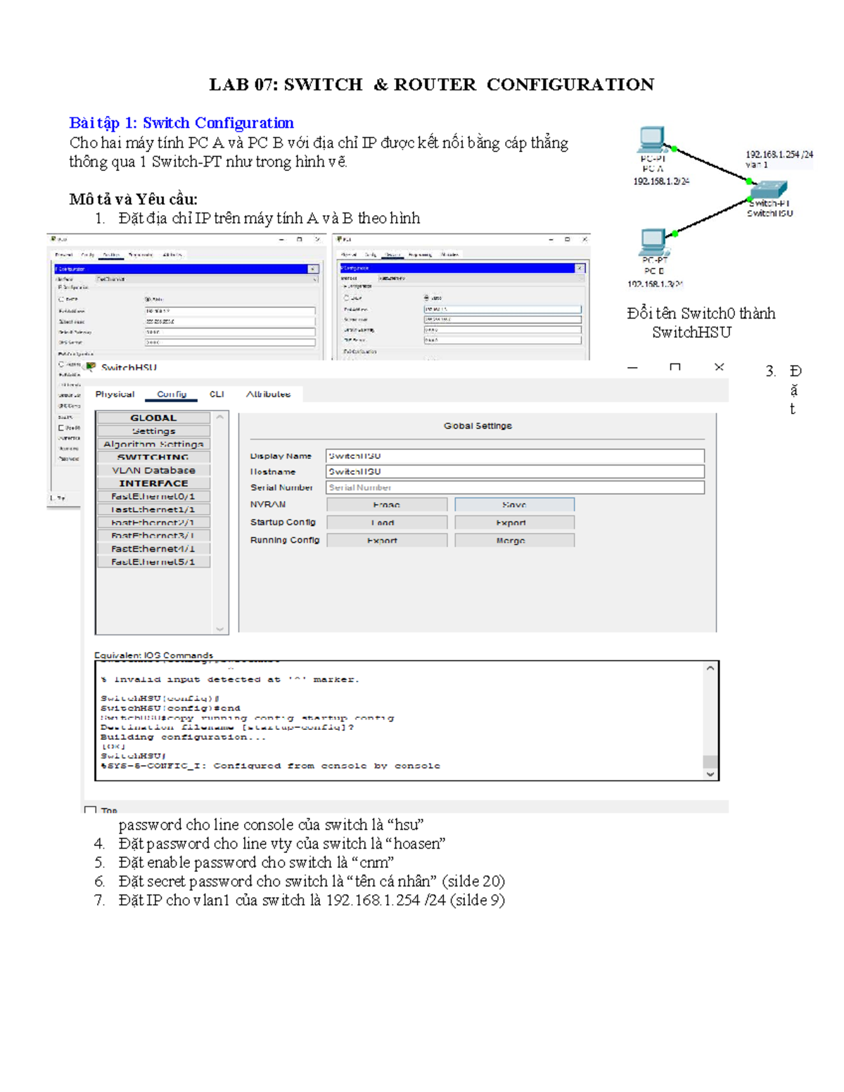 LAB 07: SWITCH ROUTER CONFIGURATION - Bài Tập và Giải Thích - Studocu