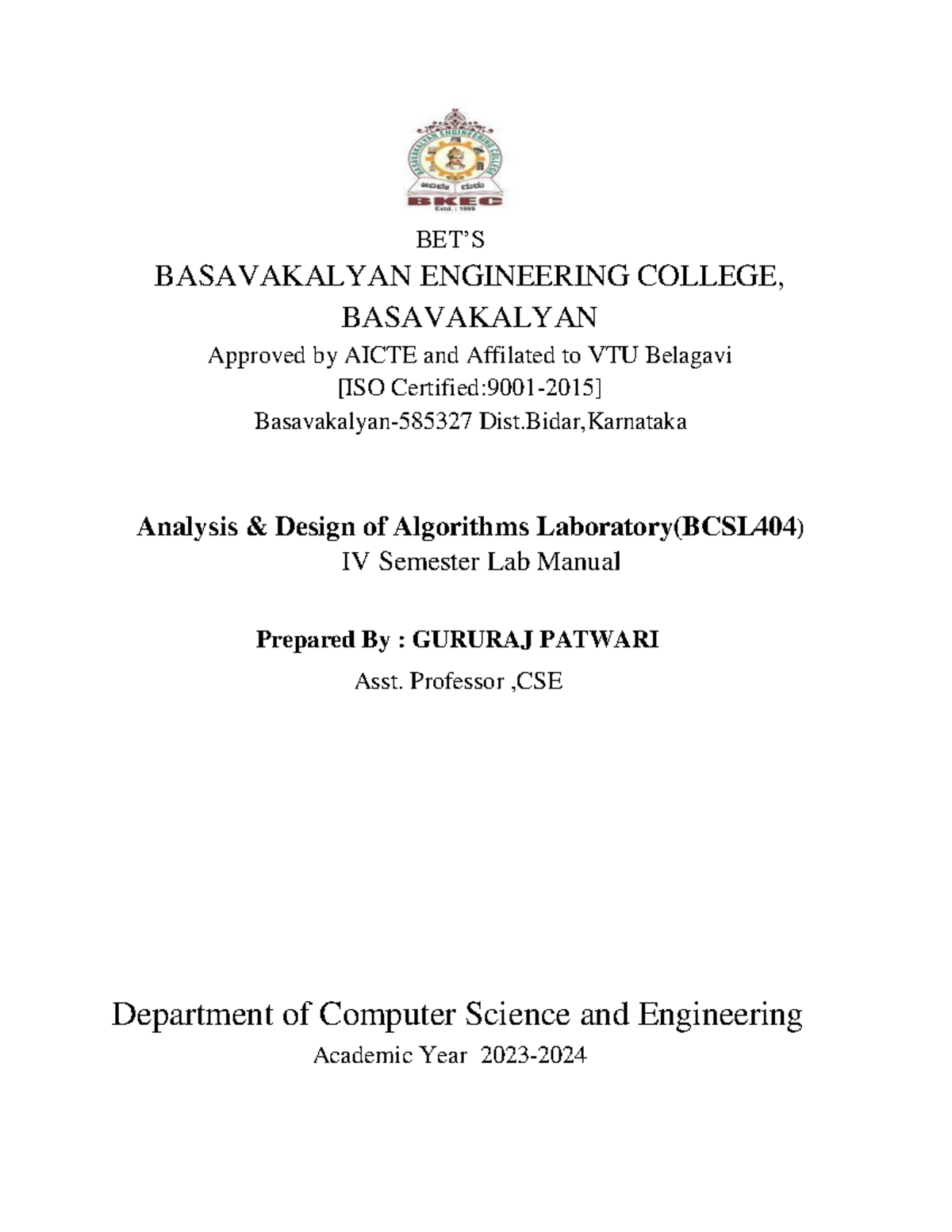 Ada Lab Manual for Algorithms (BCSL404): Semester IV Guide - Studocu