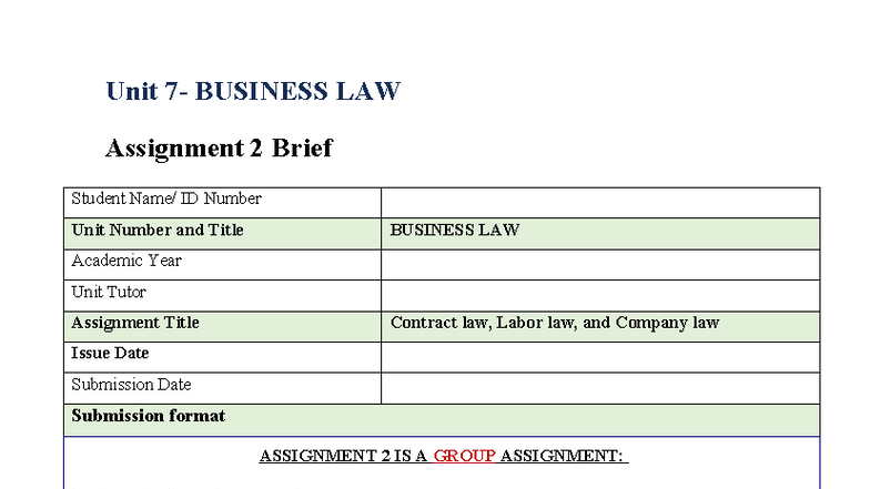 BUSINESS LAW Assignment 2: Contract, Labor, and Company Law Analysis ...