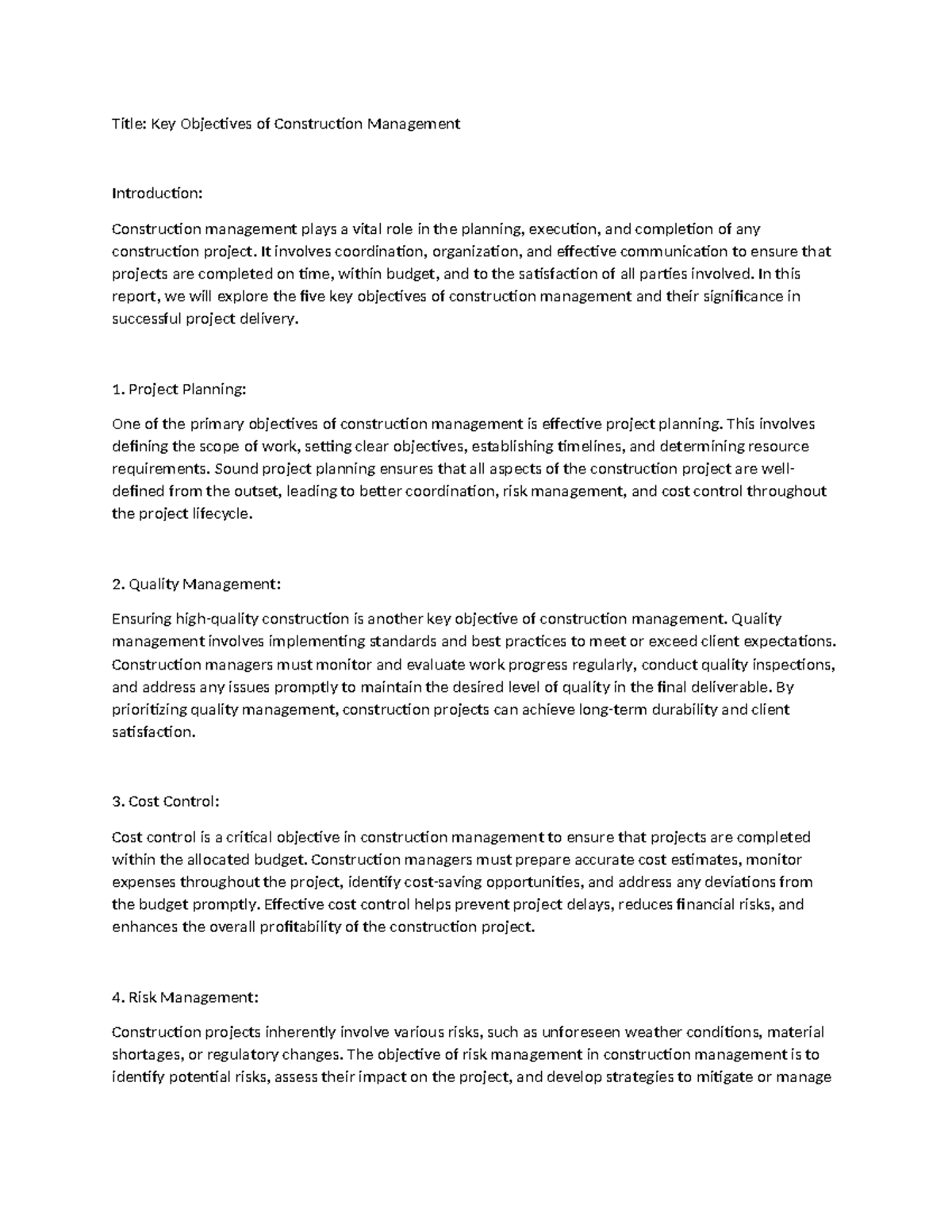 Key objectives of a construction manager(assignment) - Title: Key ...