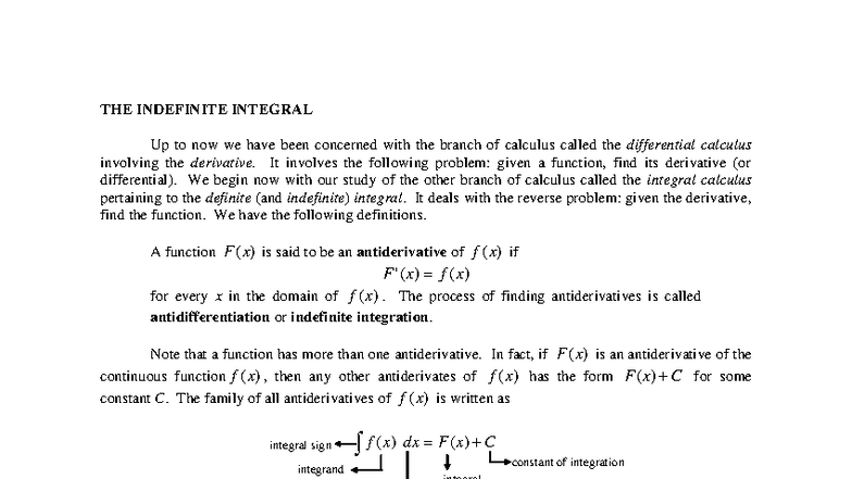 Indefinite Integral Notes - Math 101 - Studocu