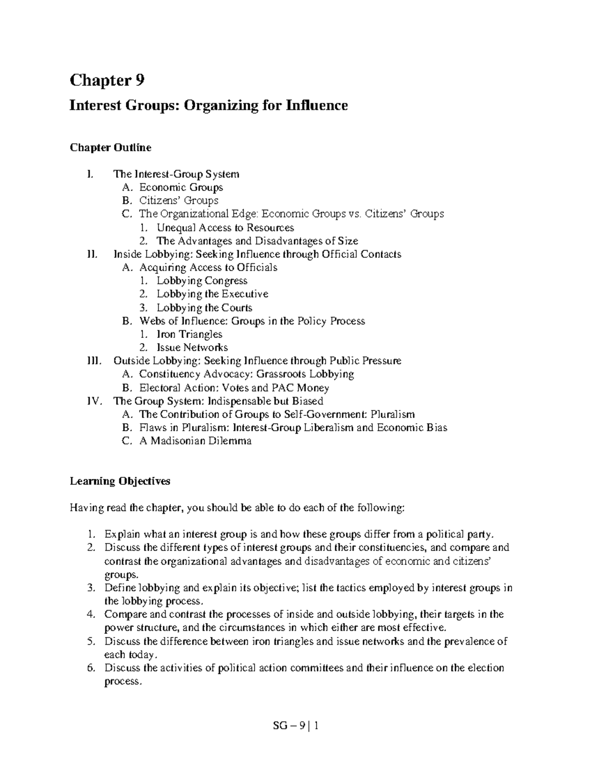 Chapter 9 - Organizing Influence in Interest Groups and Lobbying ...