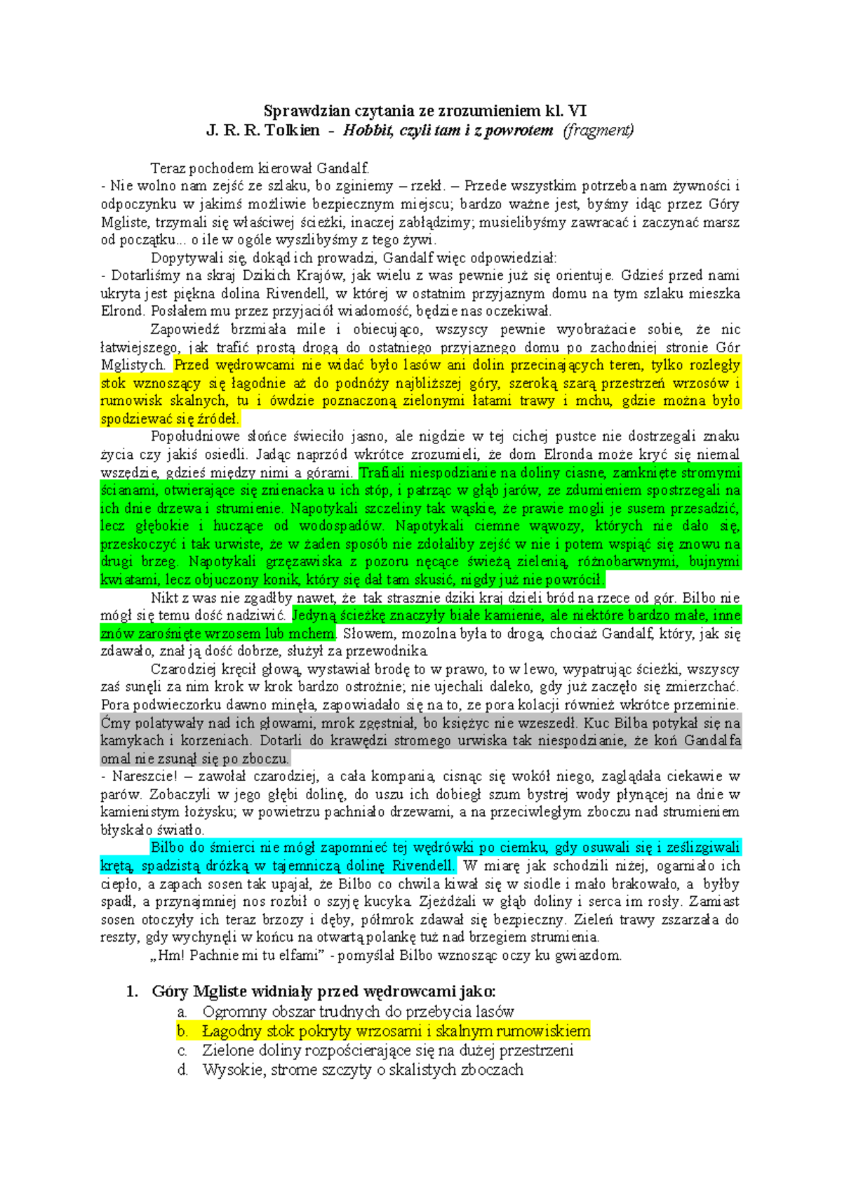 Hobbit - Sprawdzian czytania ze zrozumieniem kl. VI - Studocu