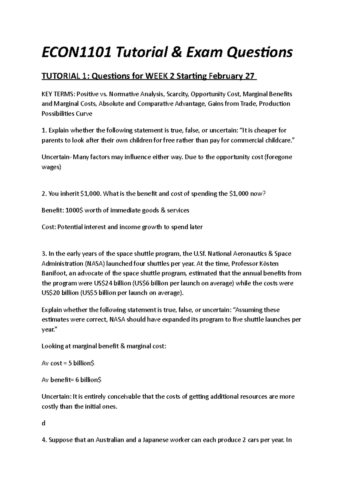 ECON1101 Questions - ECON1101 Tutorial & Exam Questions TUTORIAL 1 ...