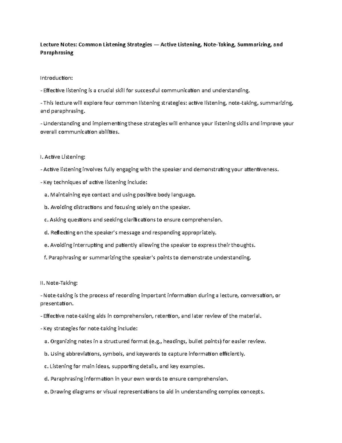 Lecture Notes: Common Listening Strategies - Active Listening & Note ...
