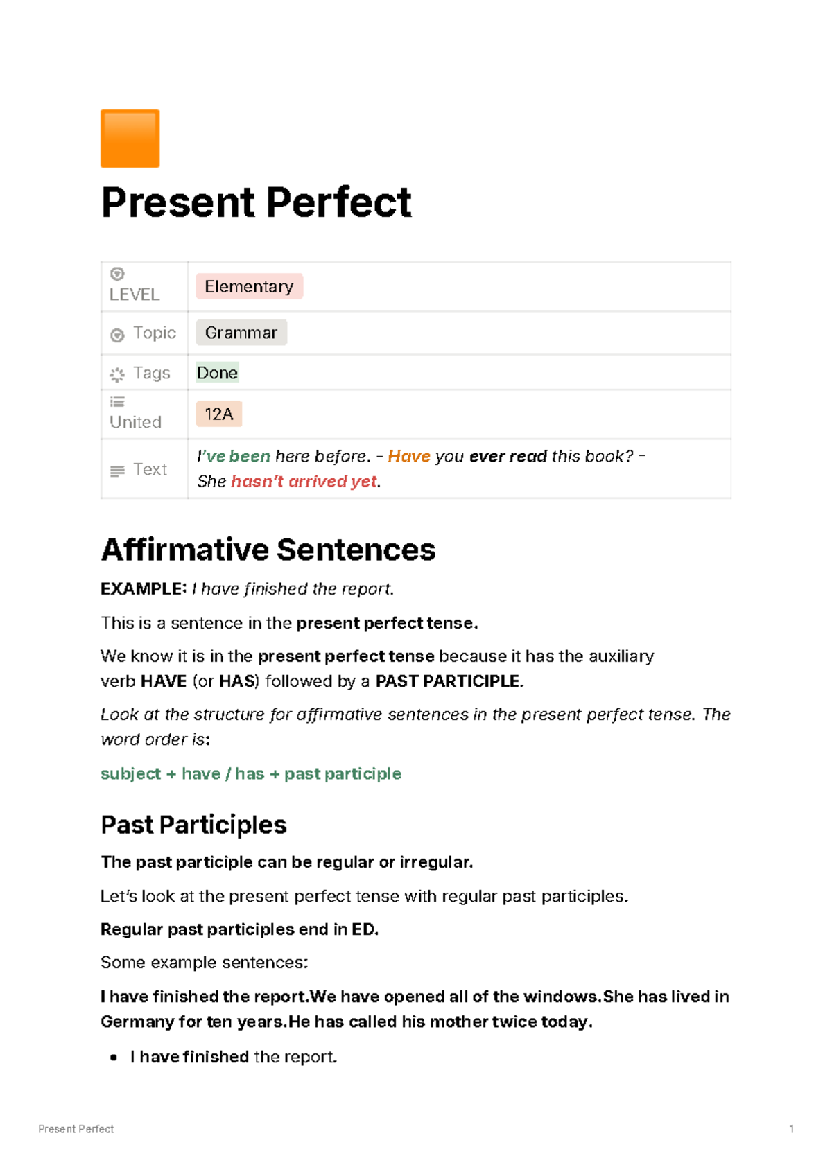 Present Perfect Grammar Notes for Level 12A Students - Studocu