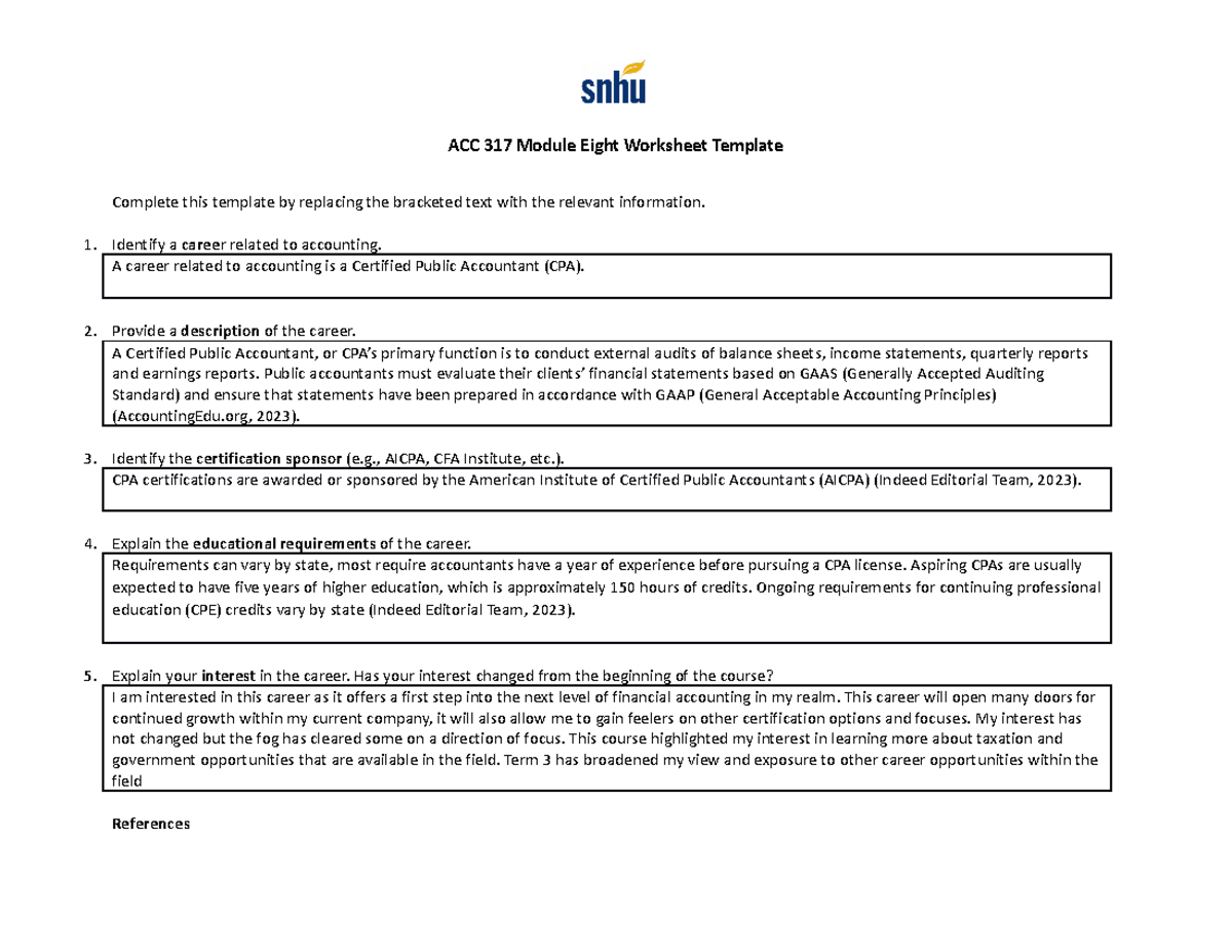 ACC 317 Module Eight Worksheet: Exploring a Career as a CPA - Studocu