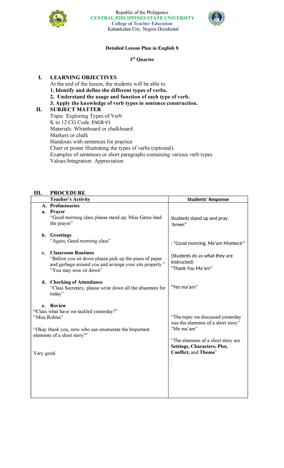Detailed Lesson Plan in English 8: Exploring Types of Verbs - Studocu