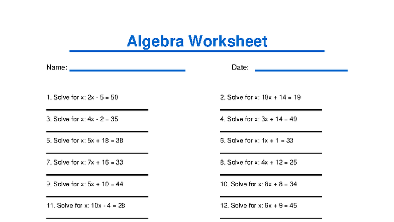 Algebra Worksheet 9 - Practice Problems for Solving for x - Studocu