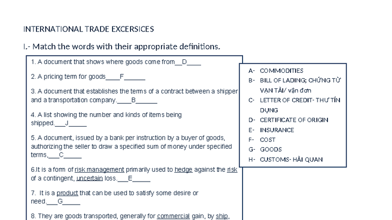 INTL TRADE EXERCISES: Definitions & Key Terms Overview - Studocu