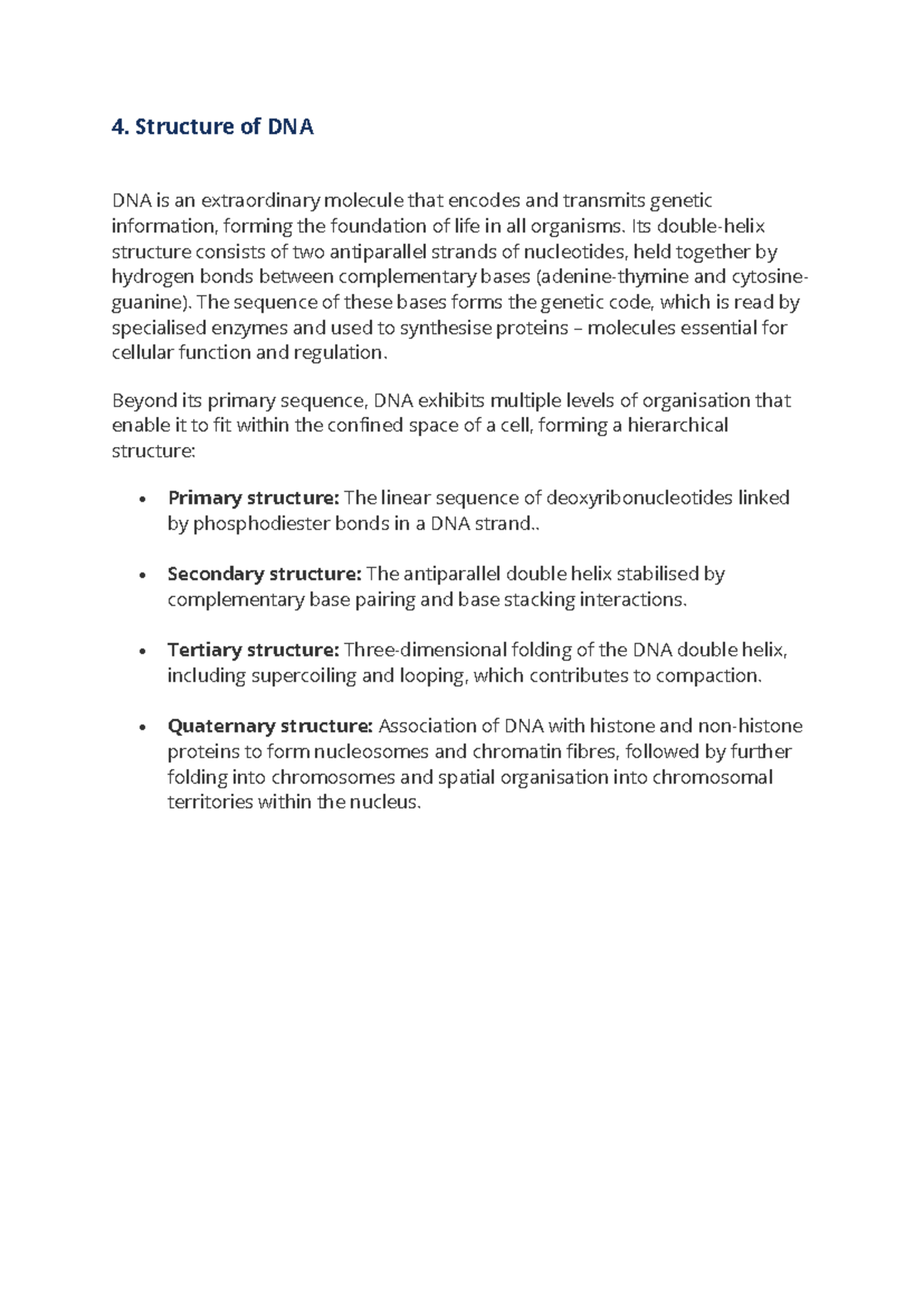 Molecular Biology (BIO101) Week 1 Class Notes: DNA Structure and ...