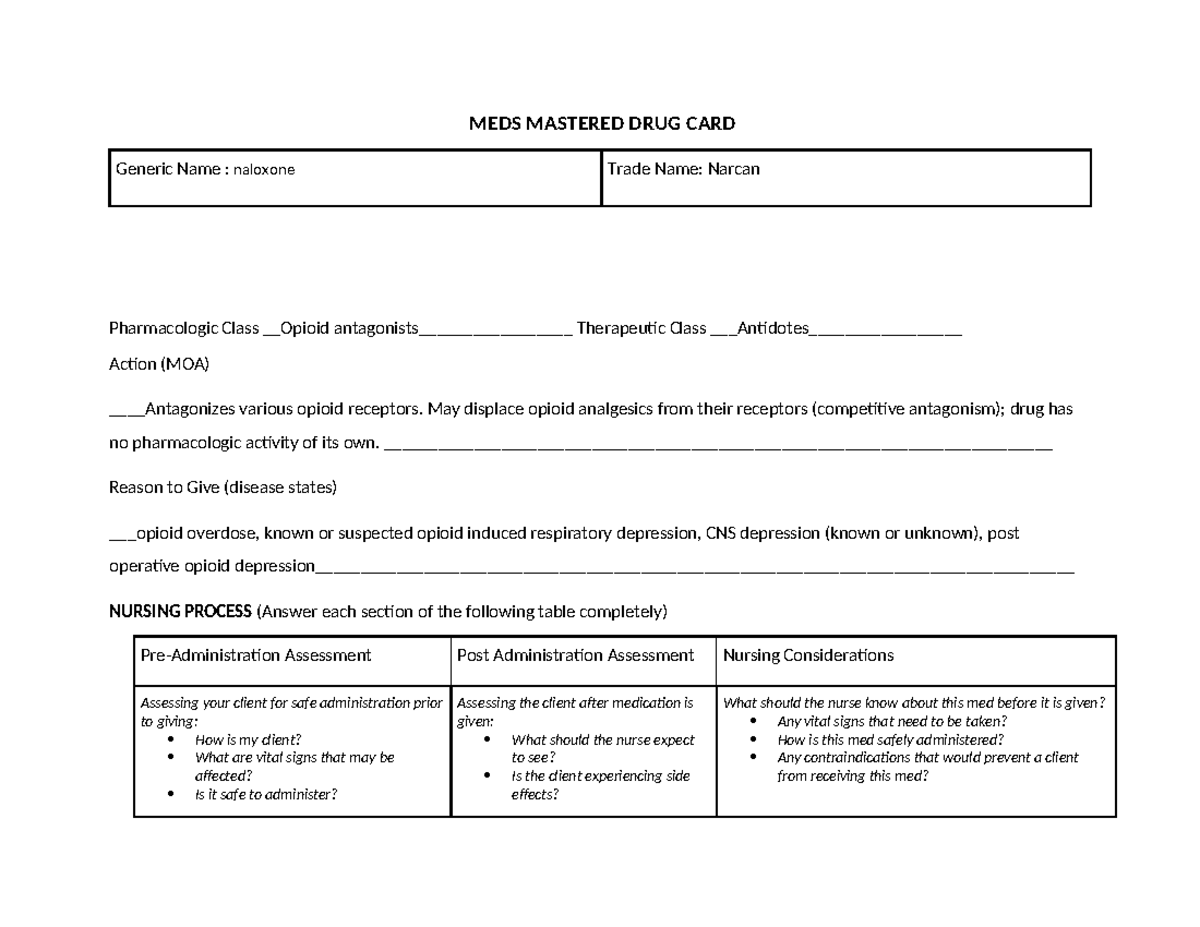 Naloxone drug card - nursing considerations and patient assessment ...
