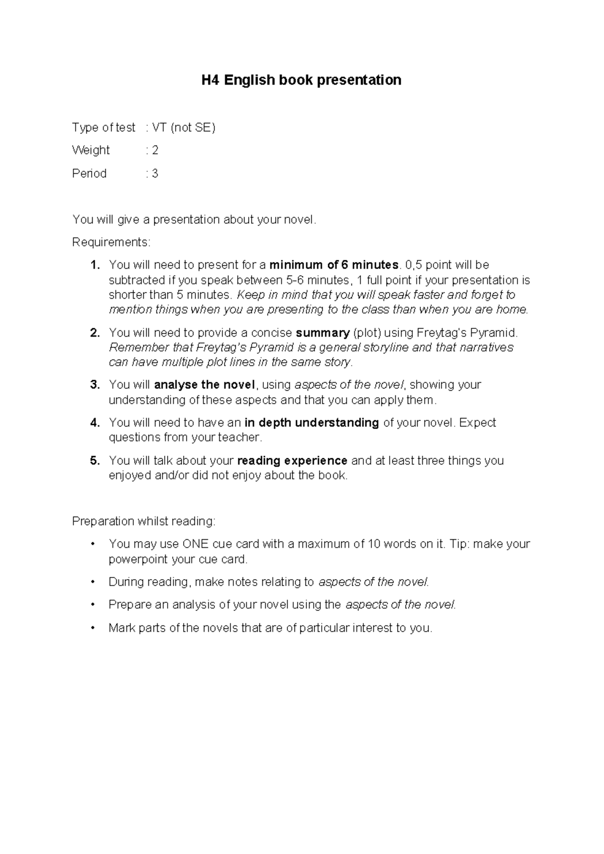 H4 English Book Presentation Guidelines for VT Assessment - Studeersnel