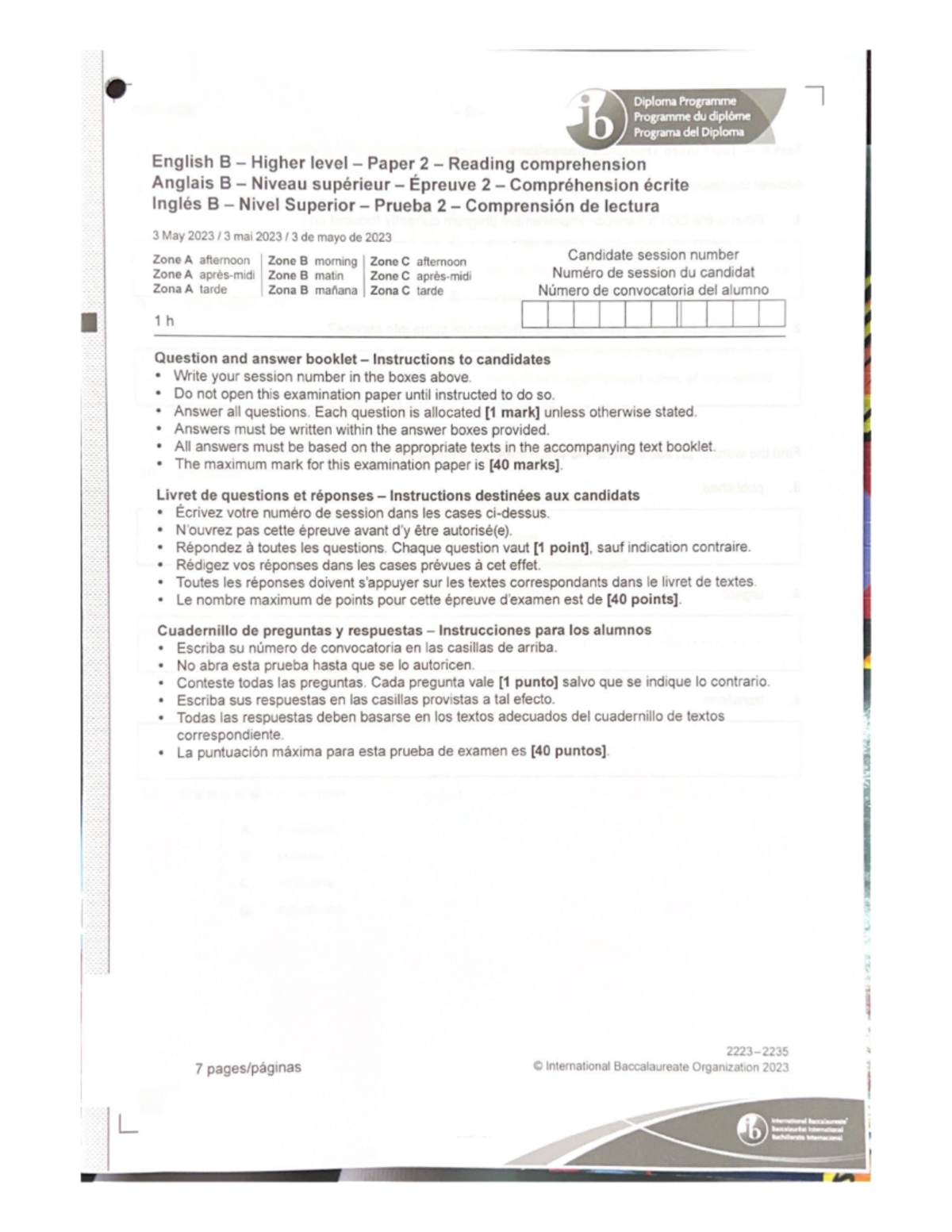 English B Paper 2 Reading Comprehension Questions HL Edition - Studocu
