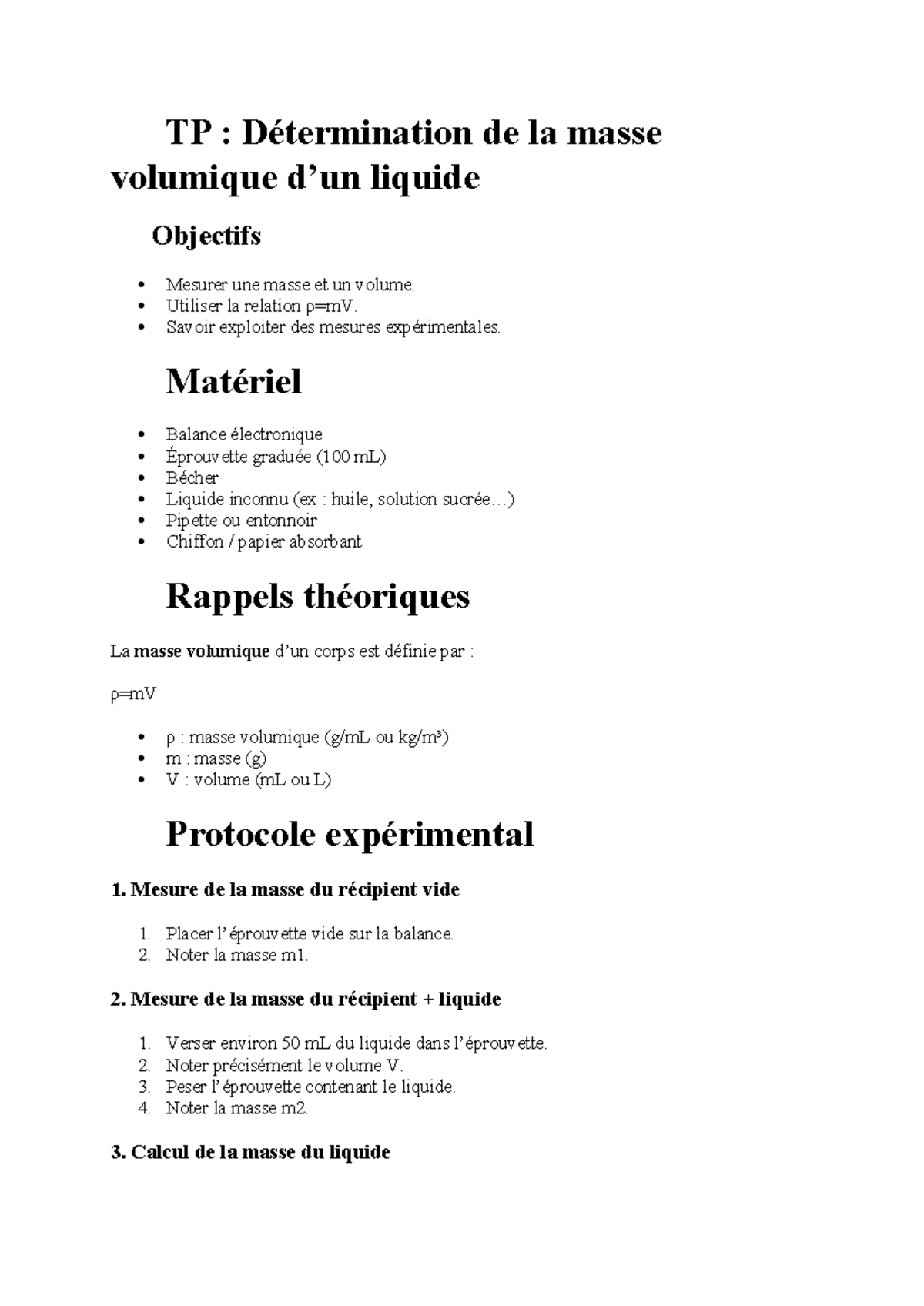 TP : Détermination de la Masse Volumique d'un Liquide - Studocu