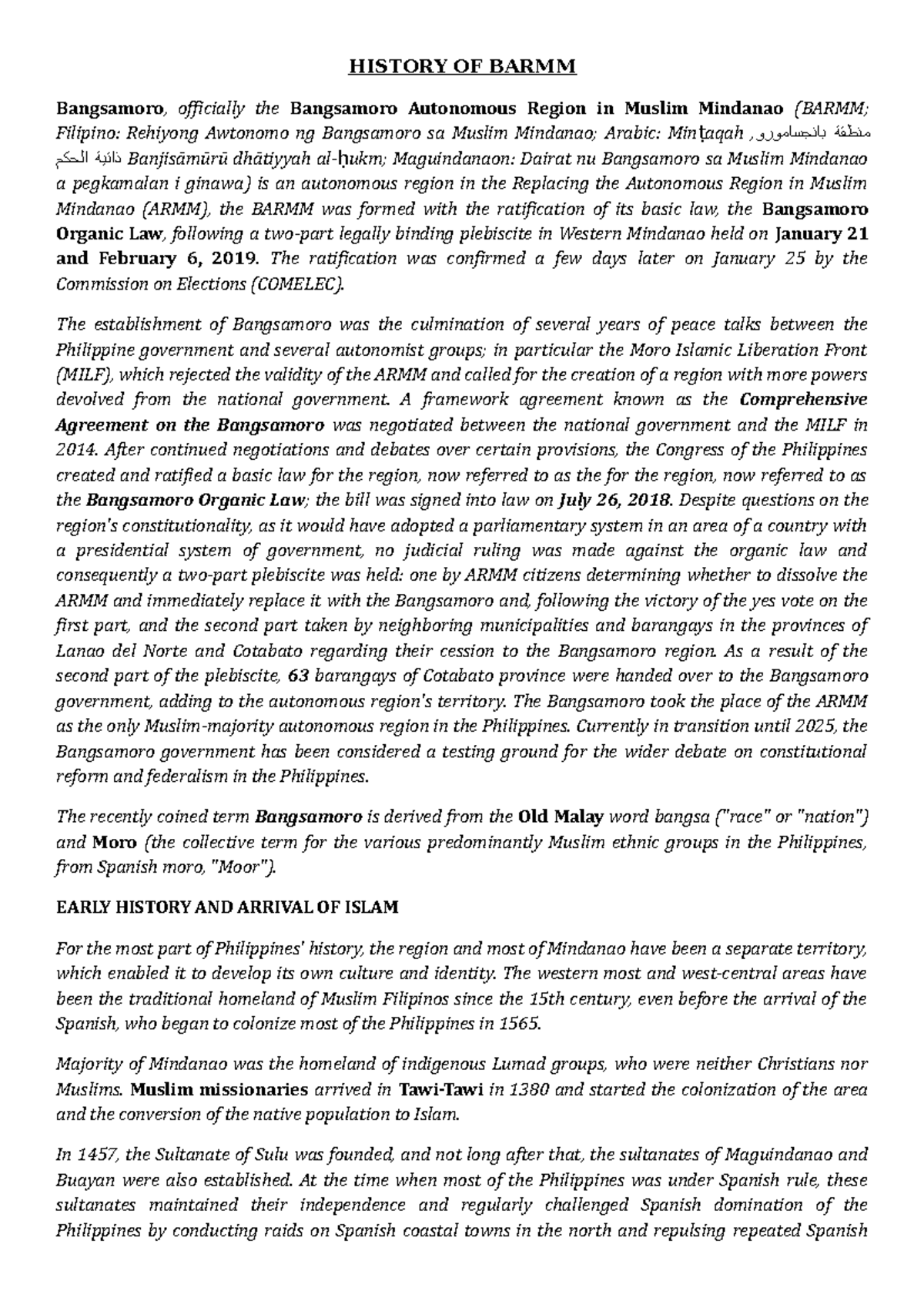 History OF Barmm - HISTORY OF BARMM Bangsamoro, officially the ...