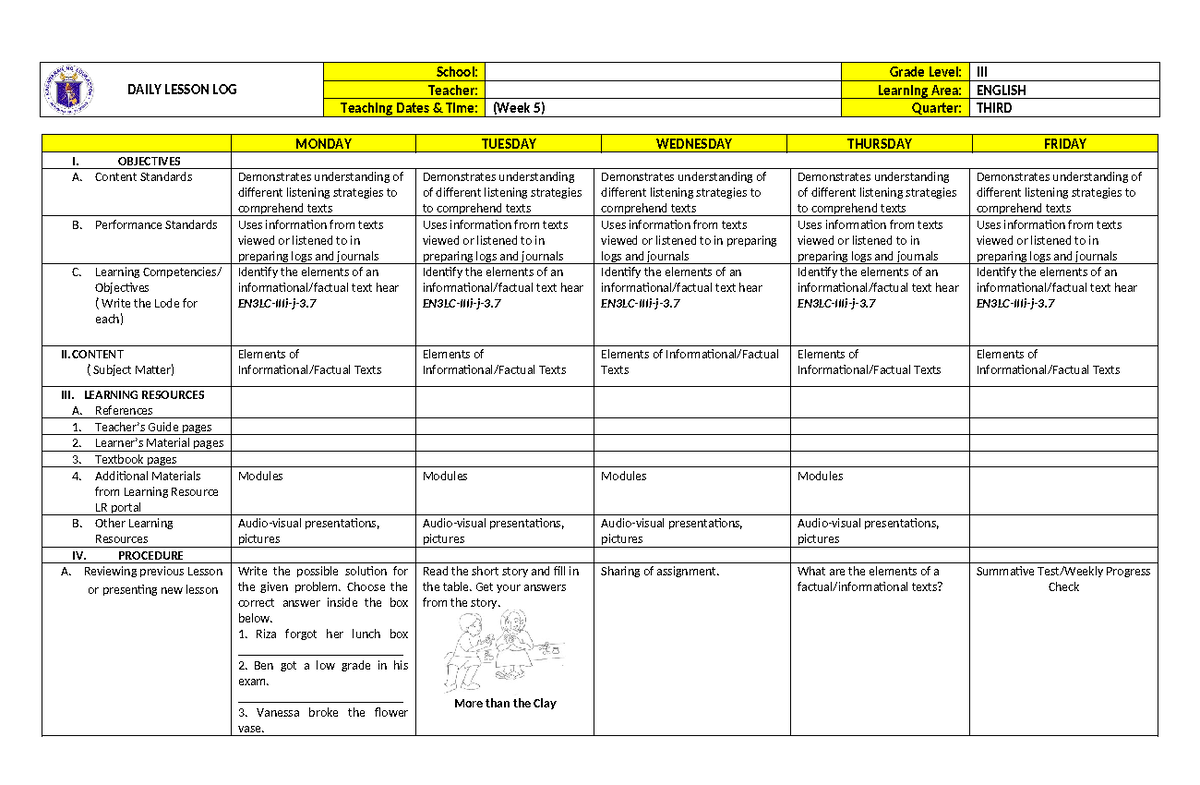DLL English 3 Q3 C5 Elements of Informational Texts - Studocu