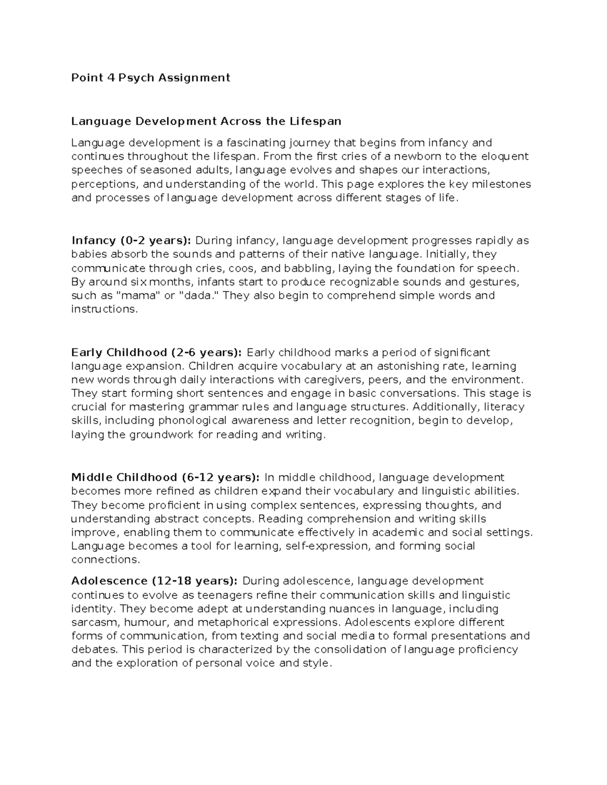 Language Development Across the Lifespan: A Psych Assignment (PSY 101 ...