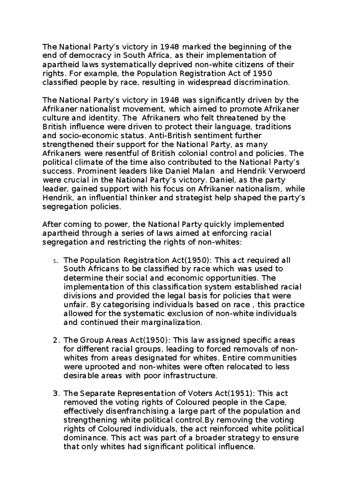 History Essay (HIST 101) - The 1948 NP Victory and Its Impact on ...