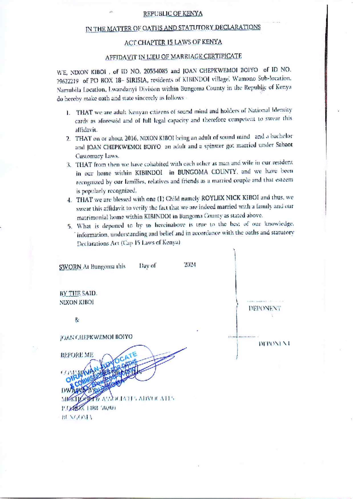 Affidavit in Lieu of Marriage Cert - Oaths & Statutory Declarations Act - Studocu