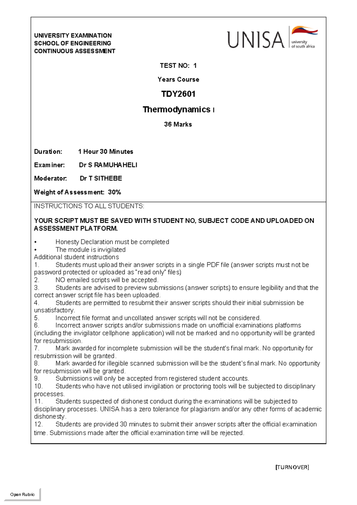 TDY2601 2025 Major Test 1: Thermodynamics I Continuous Assessment - Studocu