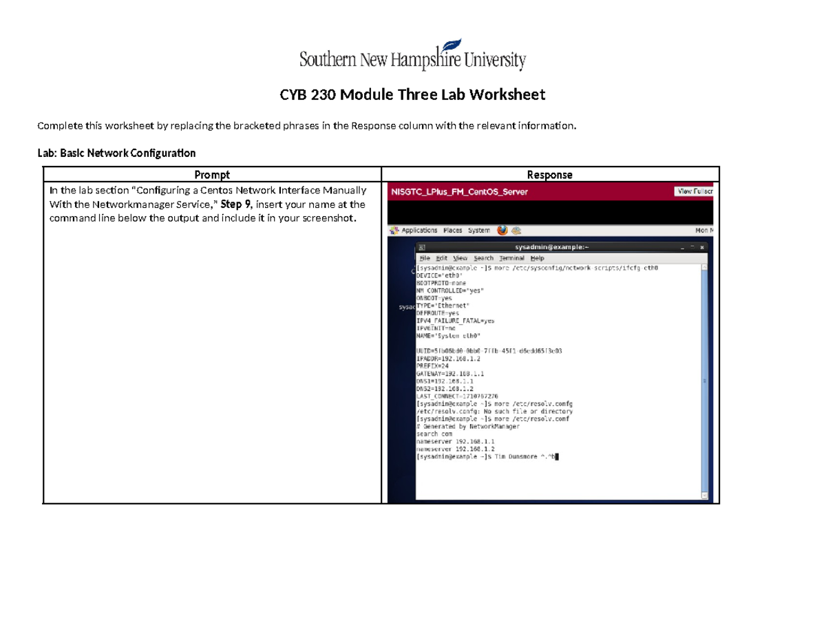 CYB 230 Module 3 Lab Worksheet: Network Config & Security Insights ...
