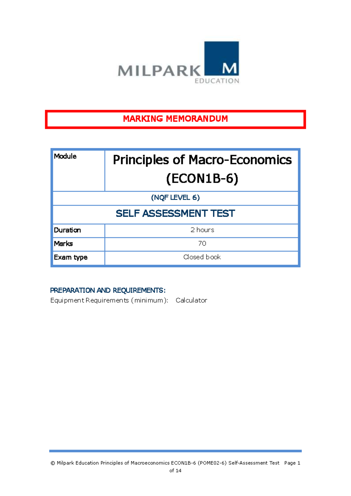 ECON1B-6 (POME02-6) Macroeconomics Self-Assessment Test Memo - Studocu