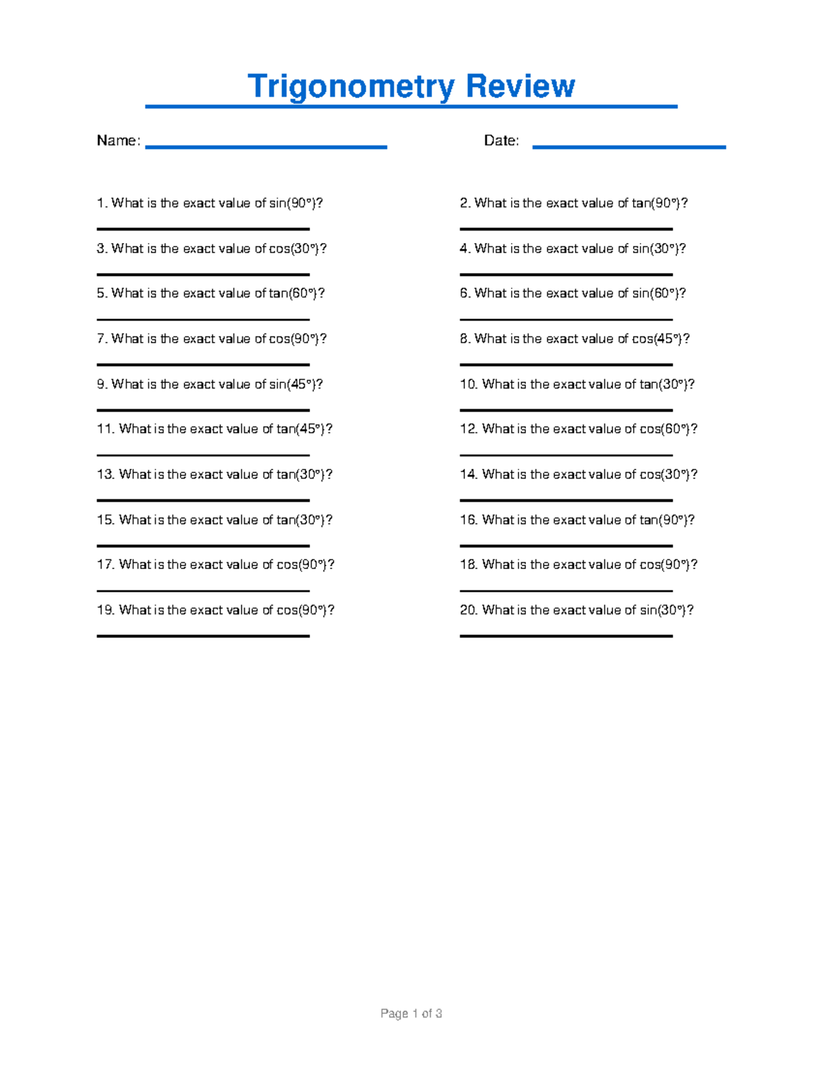 Trigonometry Review (TRIG 101) - Practice Questions & Answers - Studocu