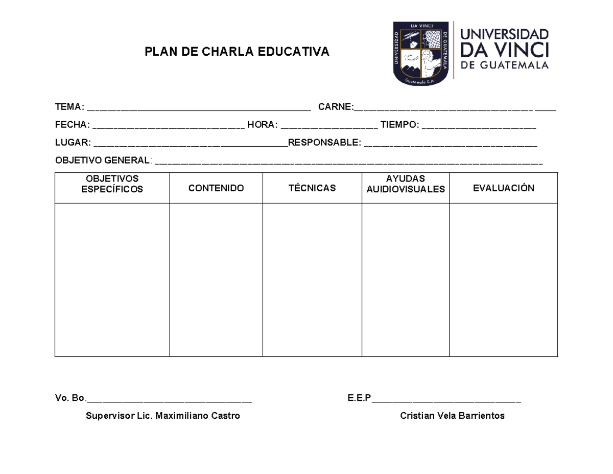 Formato de Plan Educativo - PLAN DE CHARLA EDUCATIVA TEMA: ____________ CARNE: - Studocu