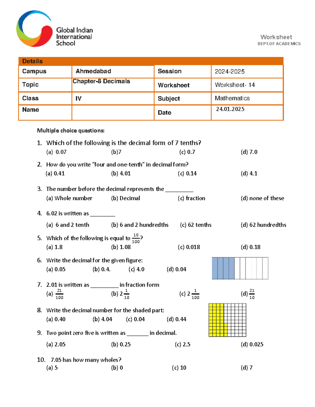 G-4 Decimals Worksheet Class IV - Updated Version - Studocu