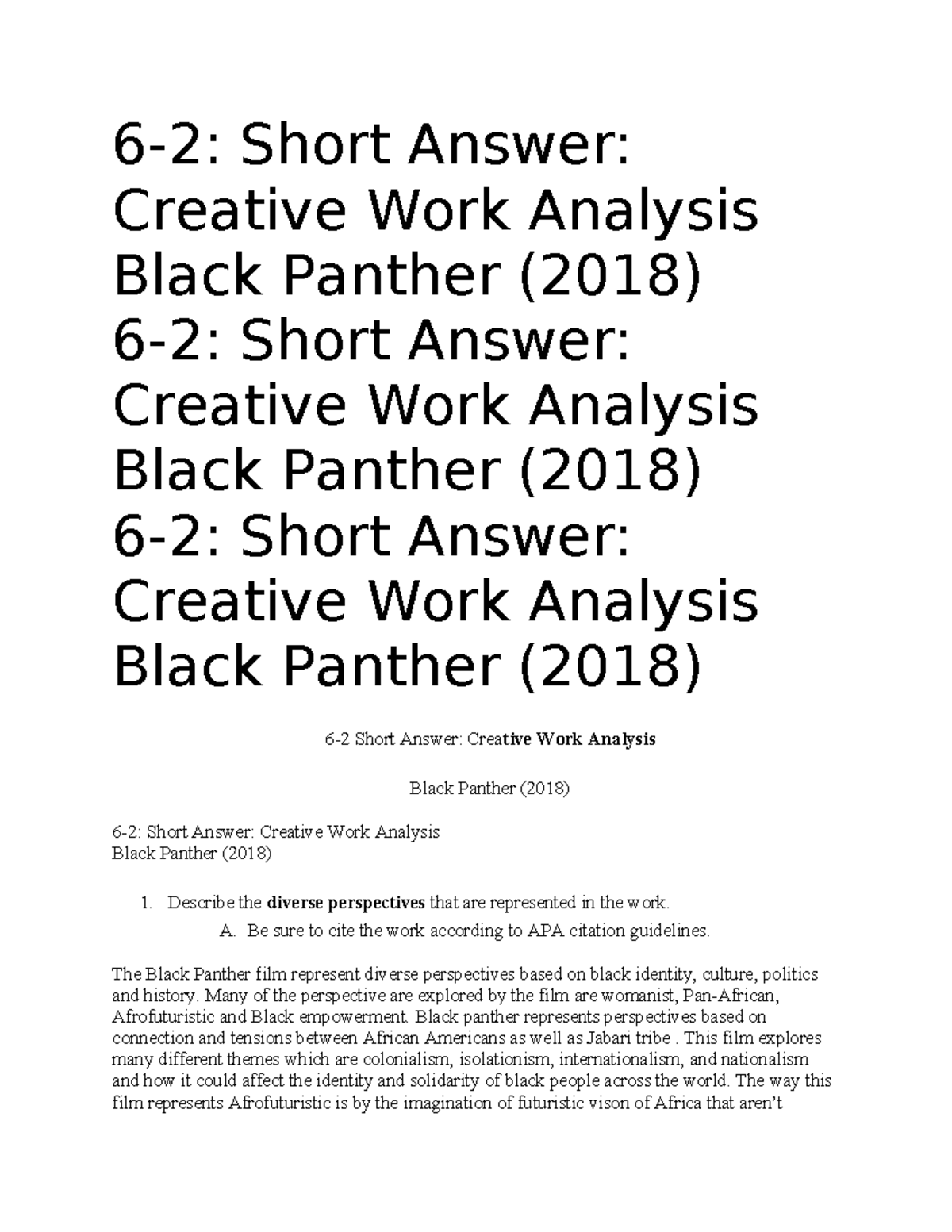 HUM 6-2 Short Answer: Creative Work Analysis of Black Panther (2018 ...