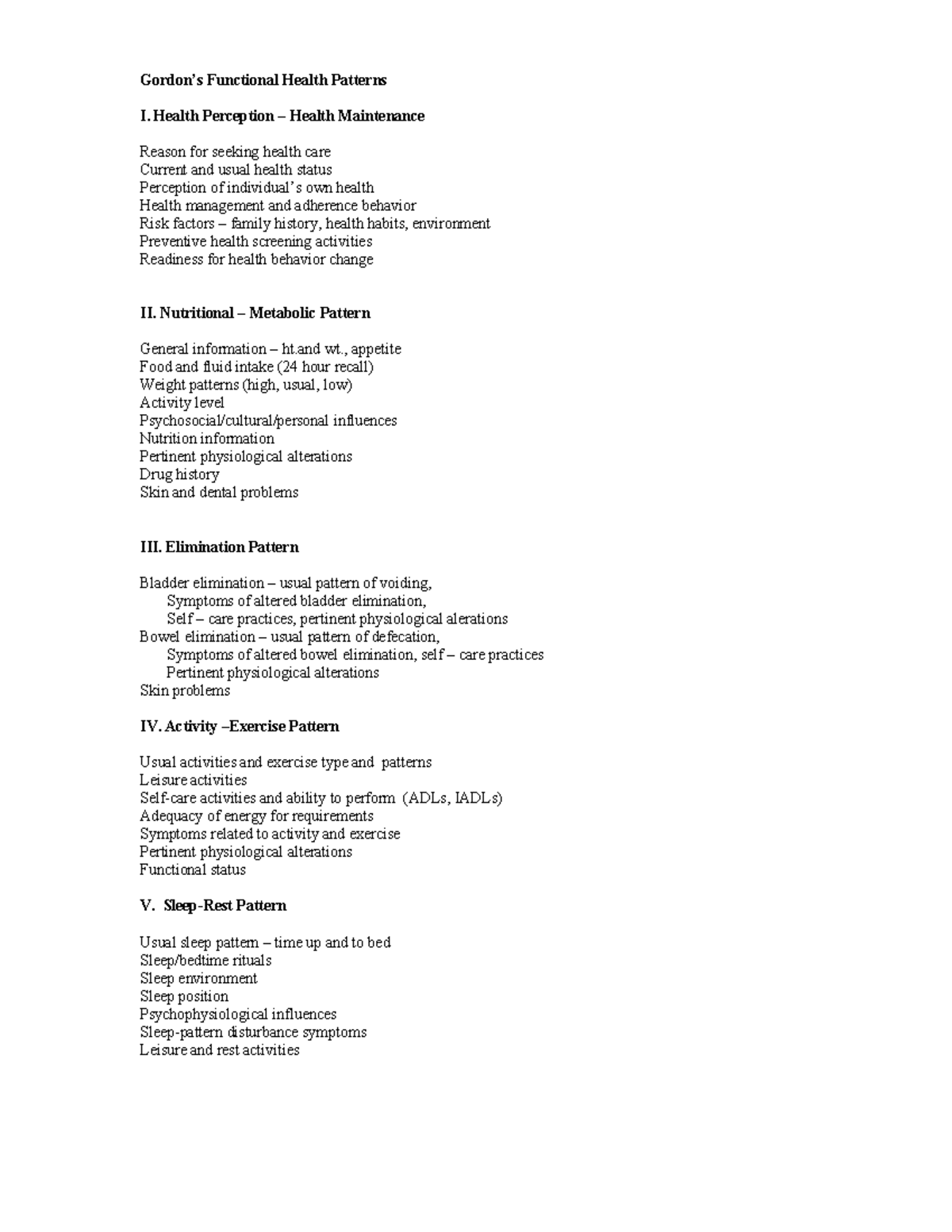 Gordon's Functional Health Patterns (FHP) - Lecture Notes - Studocu