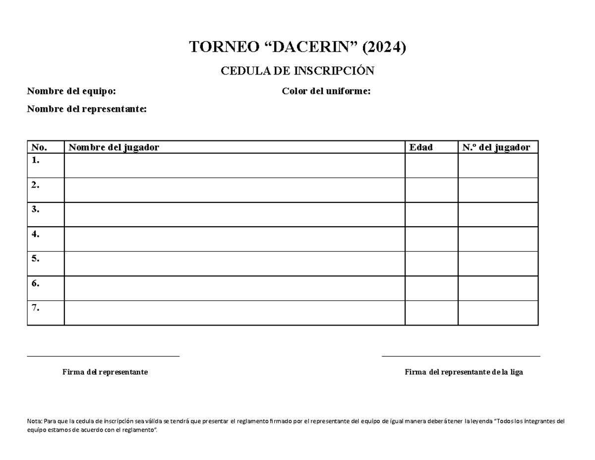Dacerin - Nota: Para que la cedula de inscripción sea válida se tendrá ...