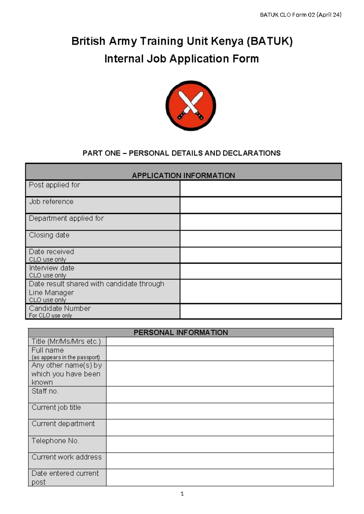 BATUK CLO Form 02 - Internal Job Application for Plumber Position - Studocu