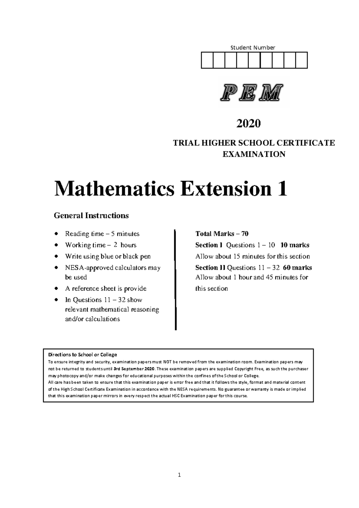 PEM 2020 Mathematics Extension 1 Trial Exam Paper - Studocu