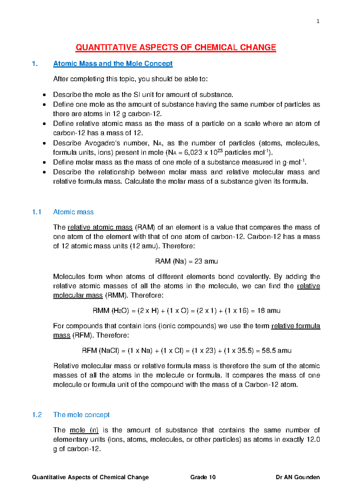 Quantitative Aspects of Chemical Change - GR 10 Study Notes - Studocu