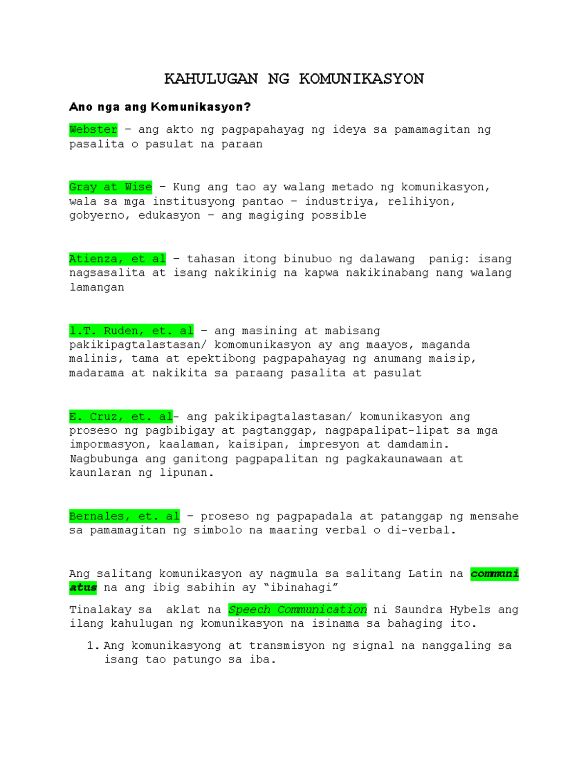 Aralin 1: Kahulugan at mga Modelo ng Komunikasyon - Studocu