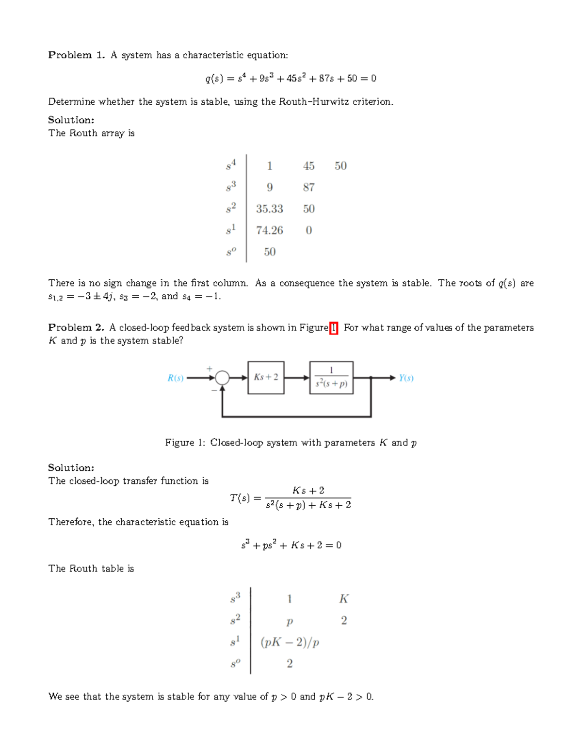 Exercises on Routh-Hurwitz Stability Criterion (ENGR 301) - Studocu