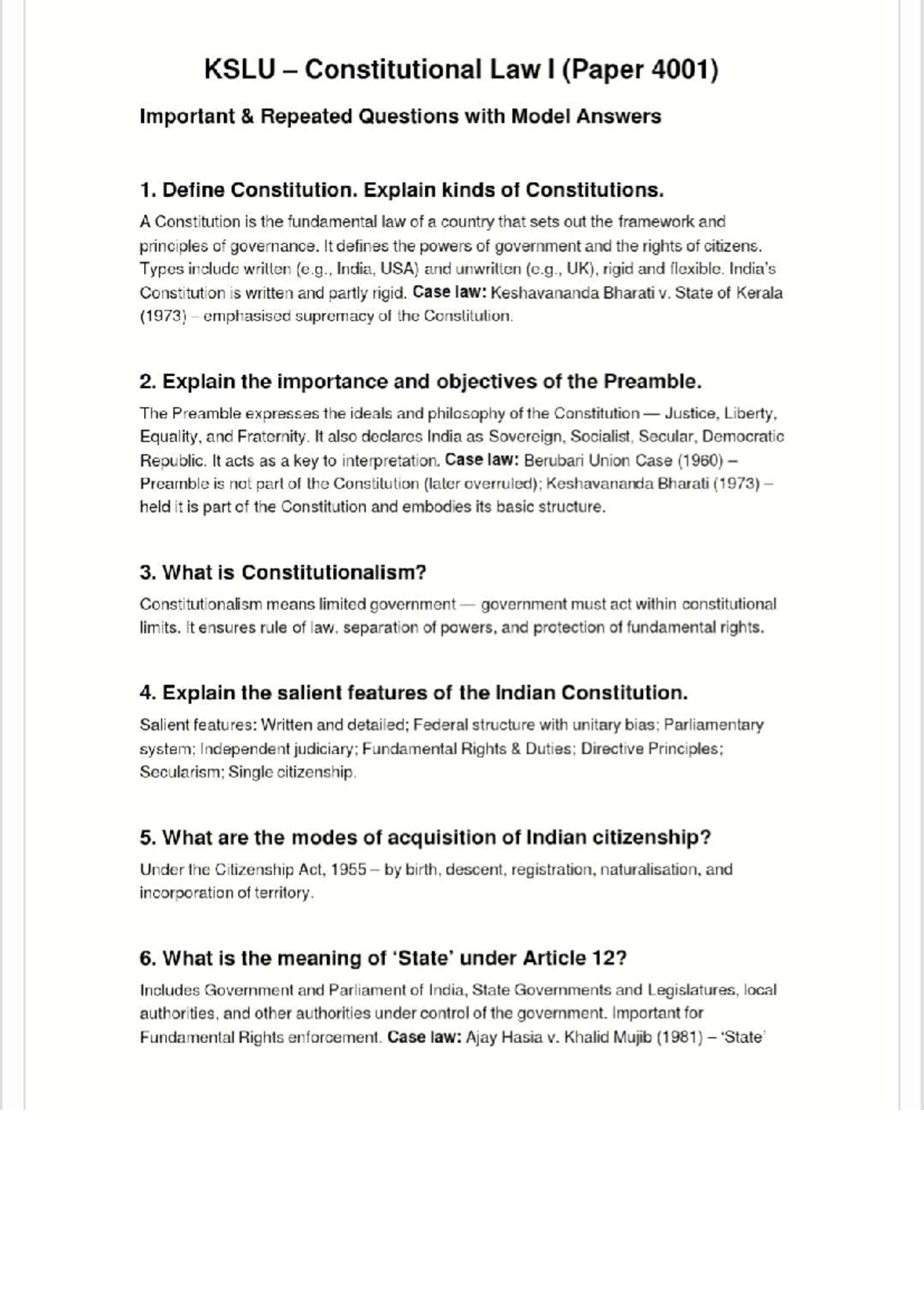 KSLU Constitutional Law I (Paper 4001) Key Questions & Model Answers ...