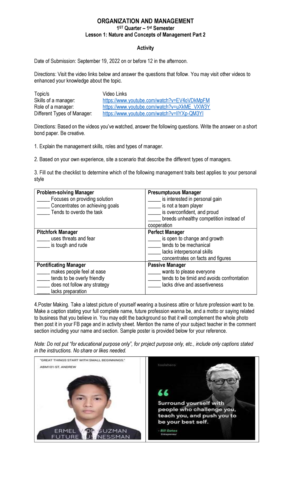 OM 1st Qtr 1st Sem Lesson 2: Management Skills & Roles Activity - Studocu